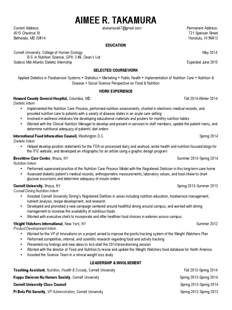 Resume - Takamura, Aimee | PDF | Dietitian | Nutrition