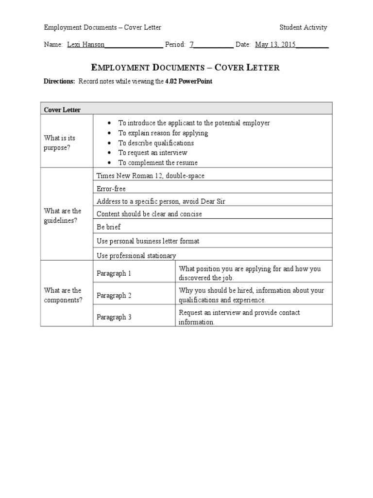 Cover Letter Notes Sheet | PDF