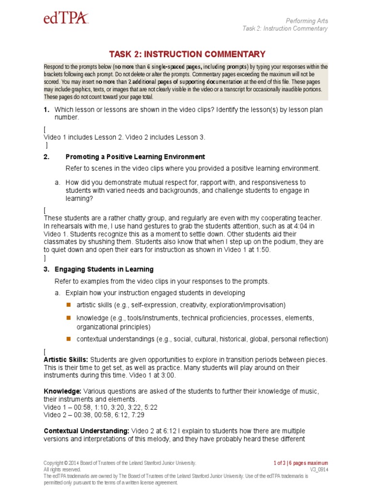 Performing Arts Task 2: Instruction Commentary | PDF | Motivation ...