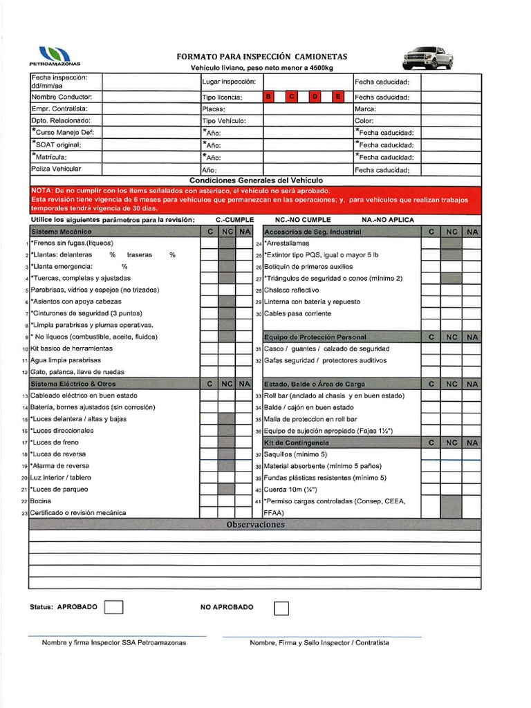 Formato para Inspección de Camionetas | PDF