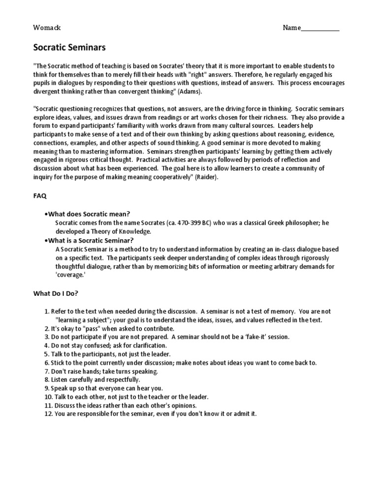 Socratic Seminar Explanation and Assignment Sheet | PDF | Educational ...