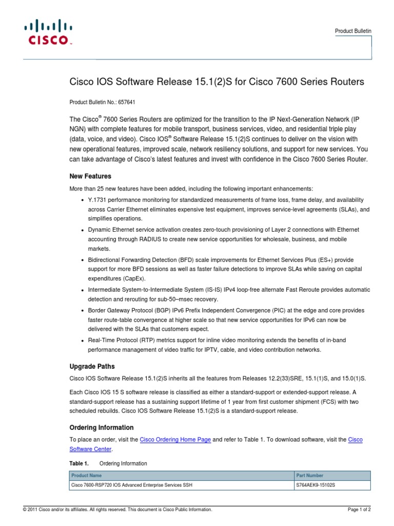 Cisco IOS Software Release 15.1 (2) S For Cisco 7600 Series Routers ...