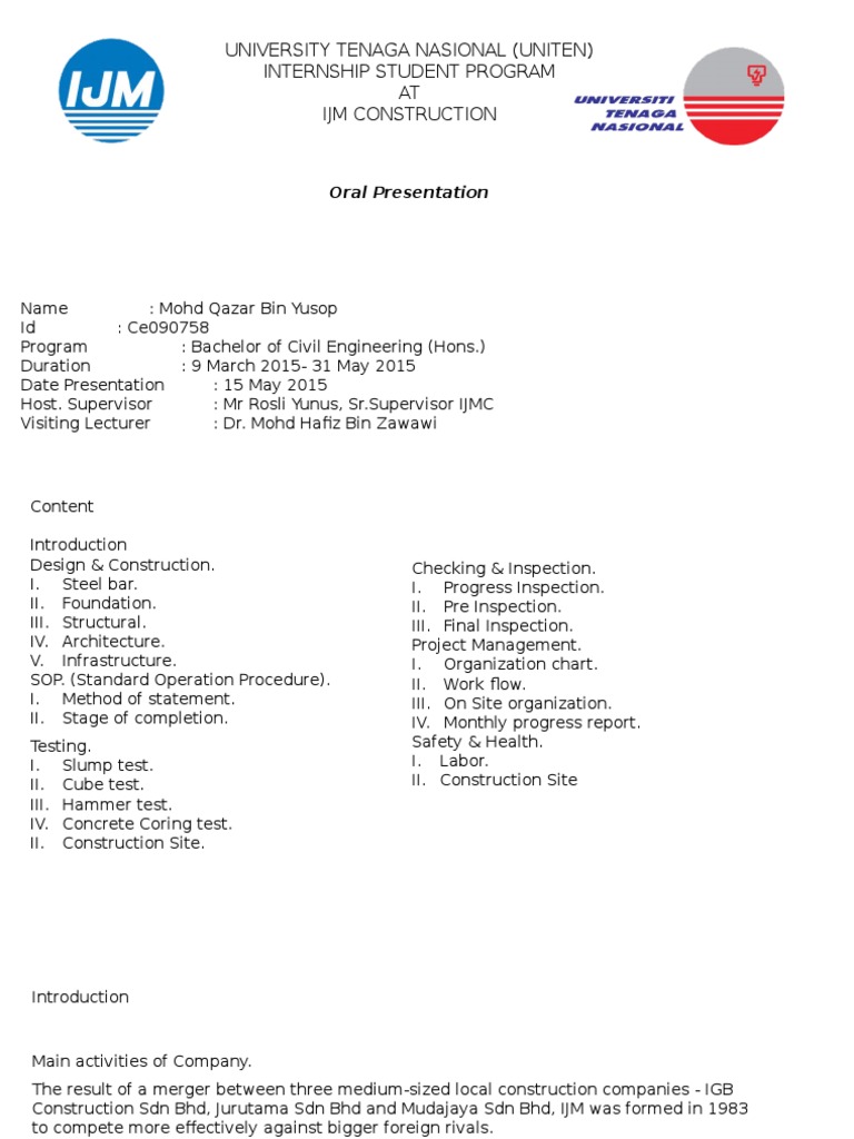 IJM Construction Internship Program | PDF | Structural Engineering ...