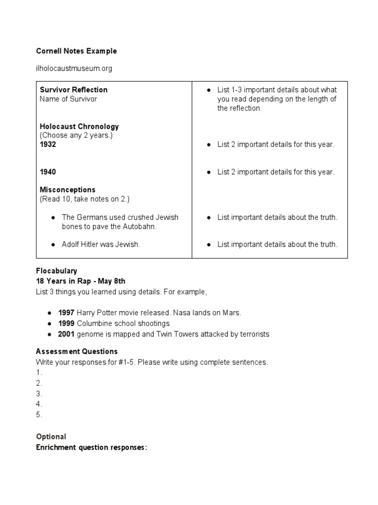 Cornell Notes Example: Optional | PDF