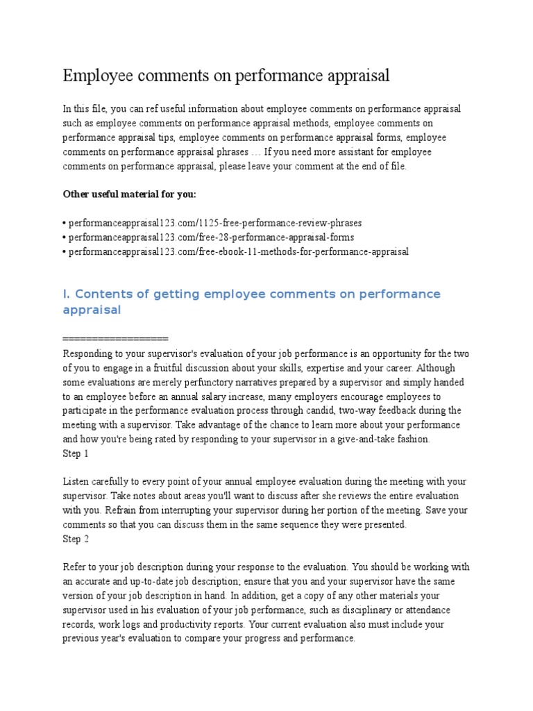 Employee Comments on Appraisal Process | PDF | Performance Appraisal ...