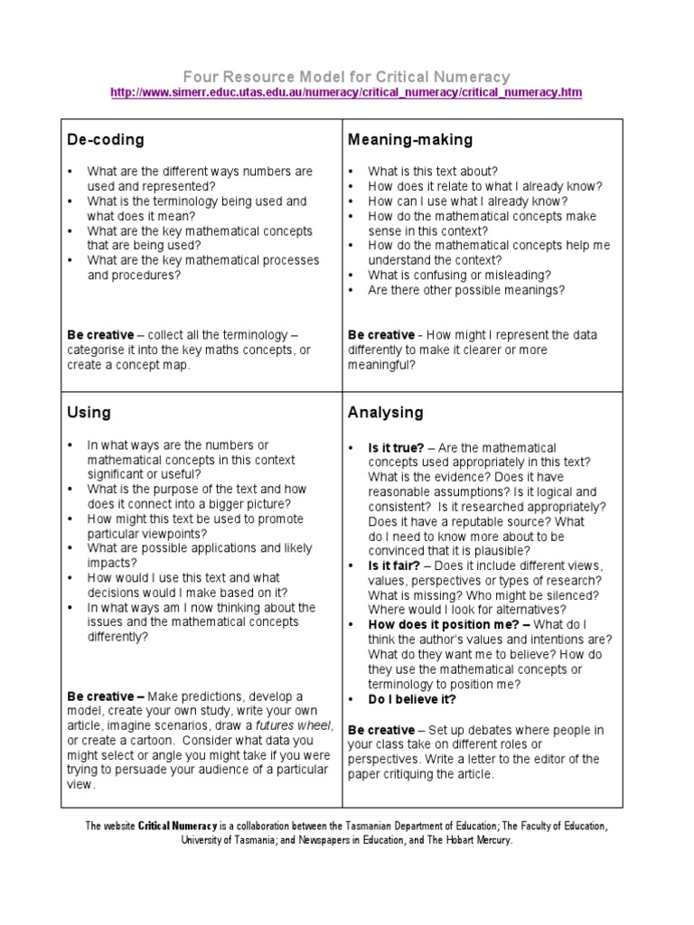 Four Resources Model in Critical Numeracy | PDF | Teaching Mathematics ...
