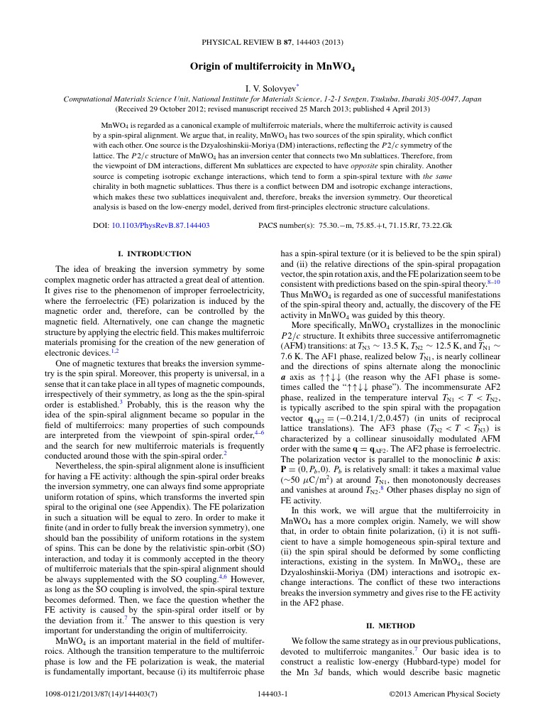 Origin of Multiferroicity in Mnwo | PDF | Spin (Physics) | Ferromagnetism