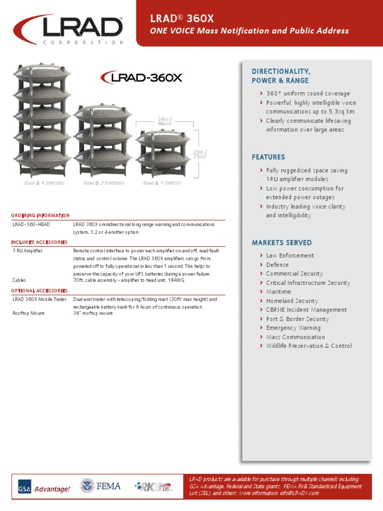 LRAD Datasheet 360X | PDF | Electromagnetism | Manufactured Goods