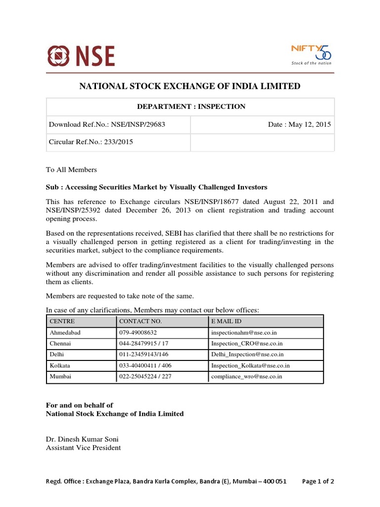 Nse Circular 2015 Account Opening Visually Impaired - Insp 29683 | PDF