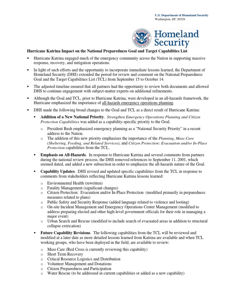 Hurricane Katrina Impact On The National Preparedness Goal and Target ...