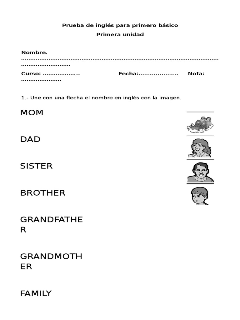 Prueba de Inglés Para Primero Básico