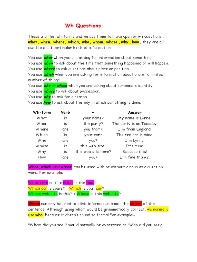 Understanding WH Questions | PDF | Wellness