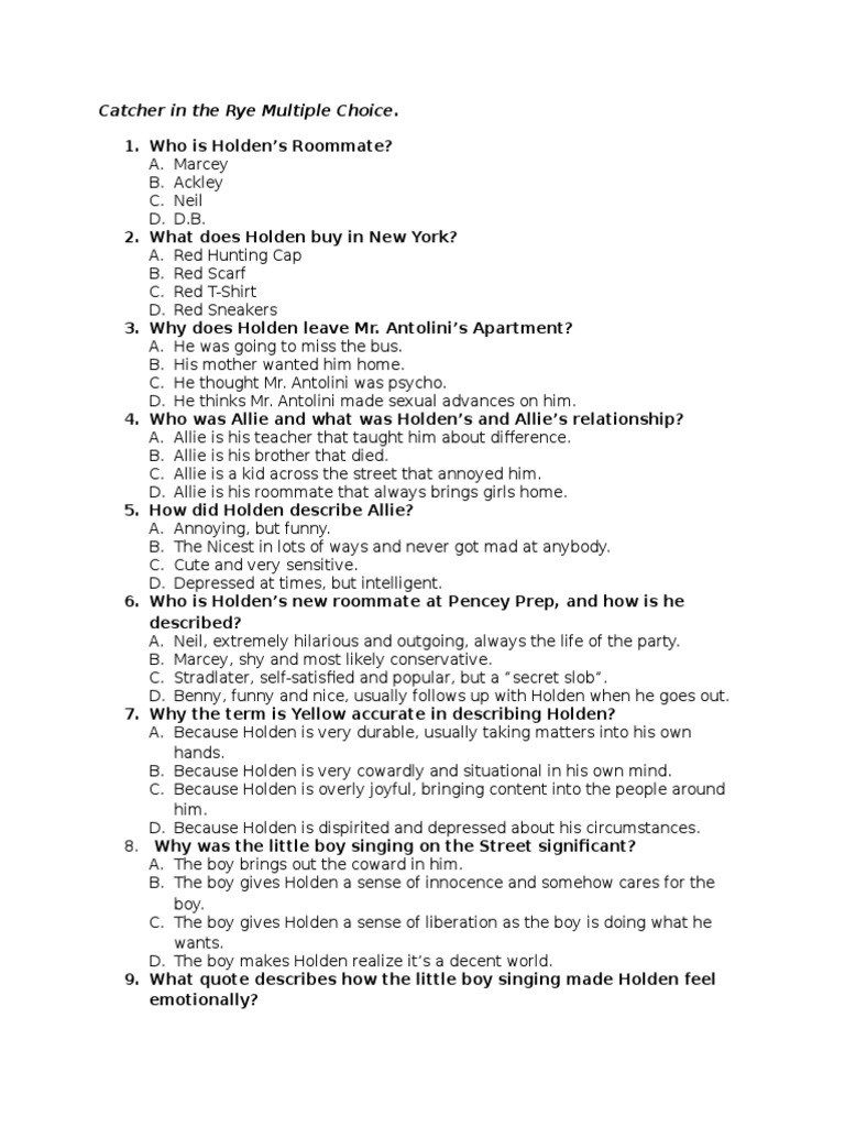 Catcher in The Rye Multiple Choice | PDF | Emotions