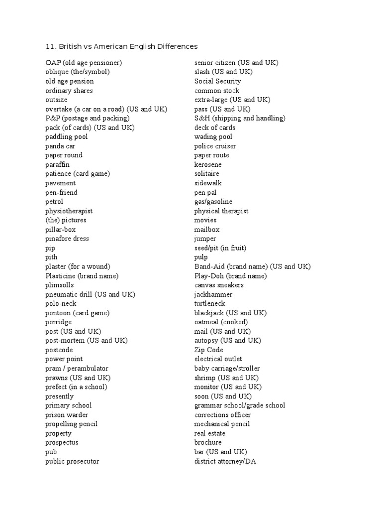 British vs American English Terms | PDF | Games & Activities