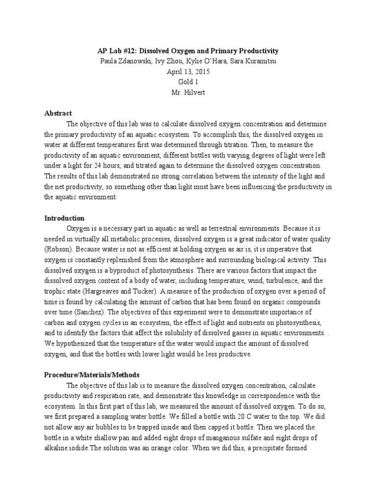 AP Biology Lab 12 | PDF | Primary Production | Oxygen