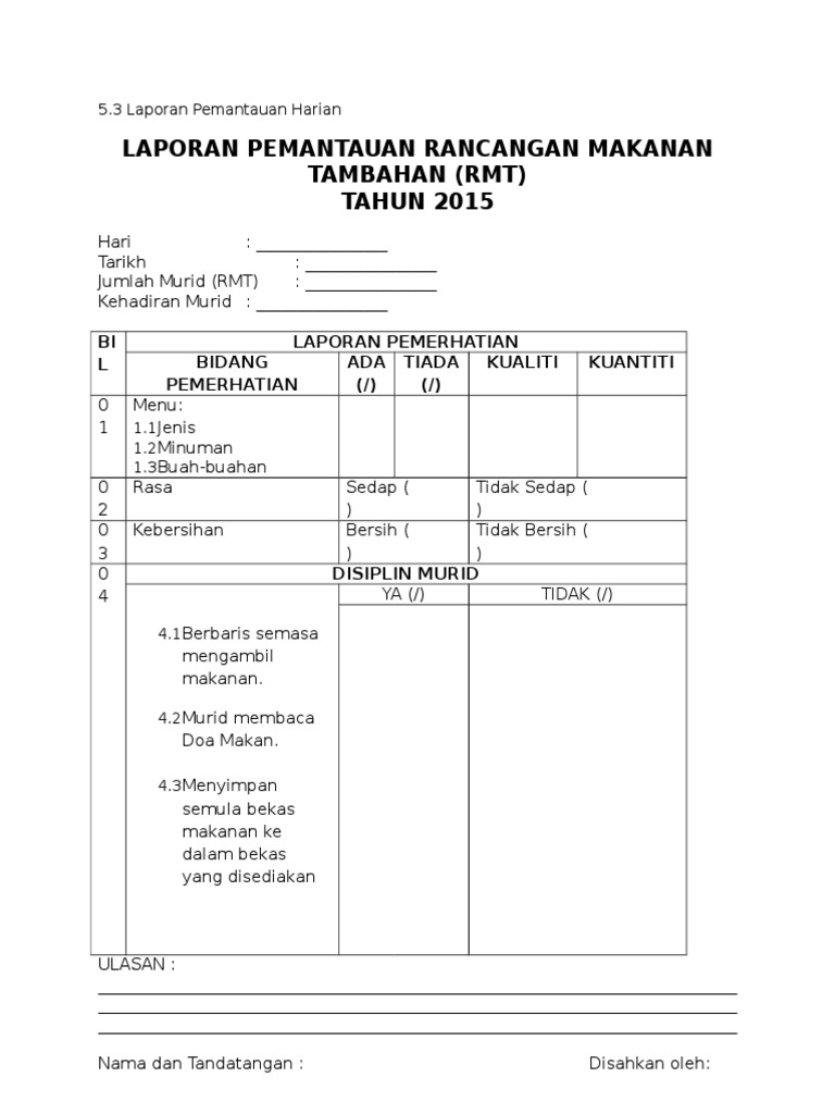 Borang Pemantauan RMT 2015 | PDF