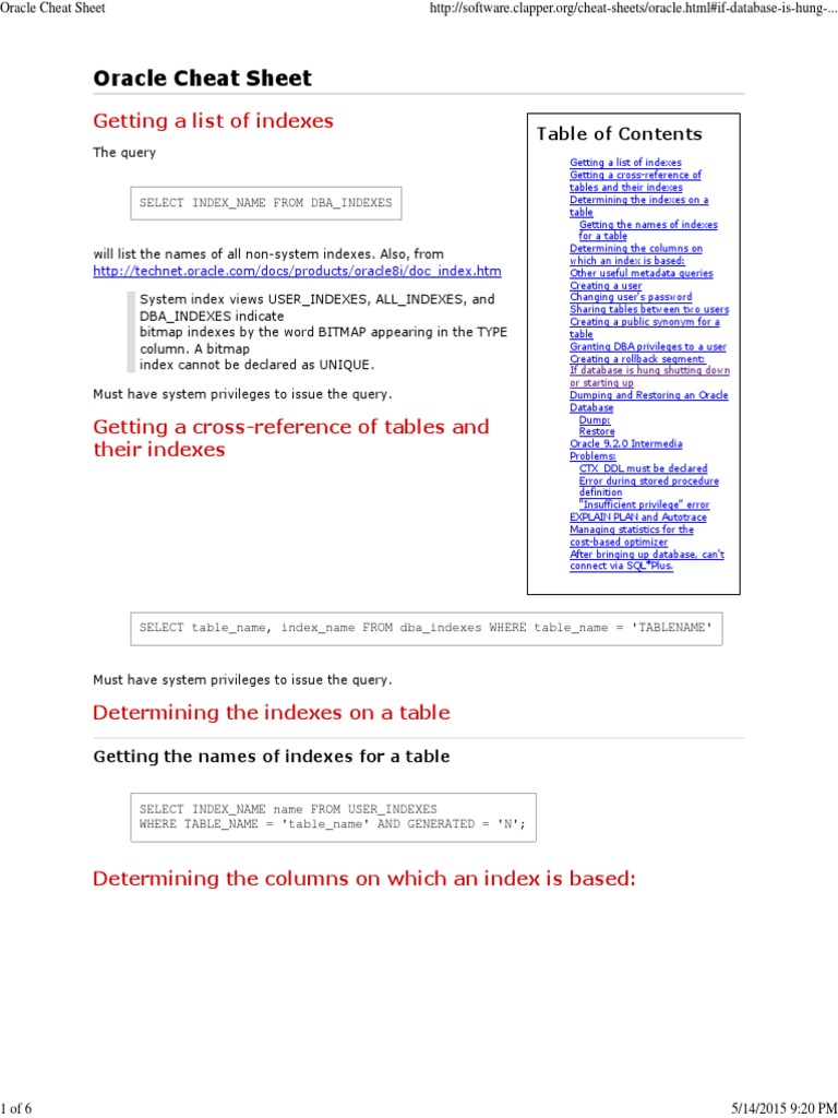 Oracle Cheat Sheet | PDF | Oracle Database | Database Index