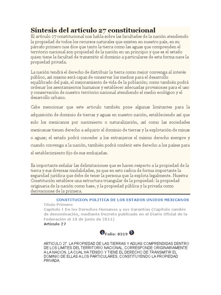 Síntesis Del Artículo 27 Constitucional | PDF | Viajes y turismo | Derecho