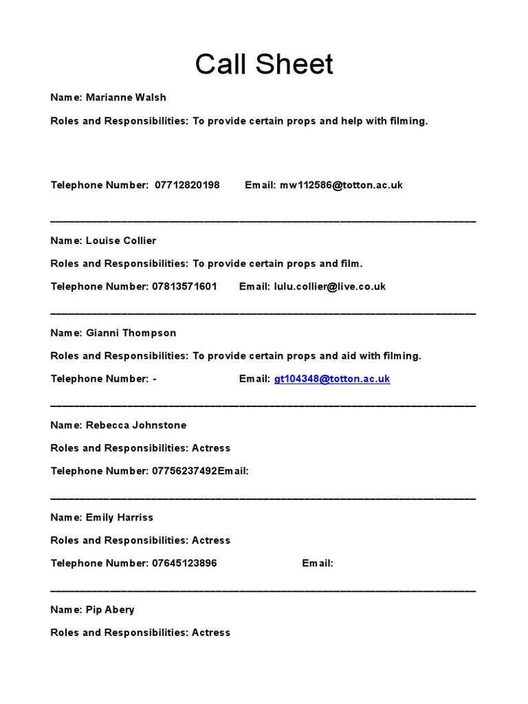 05 Call Sheet | PDF | Career & Growth | Social Science