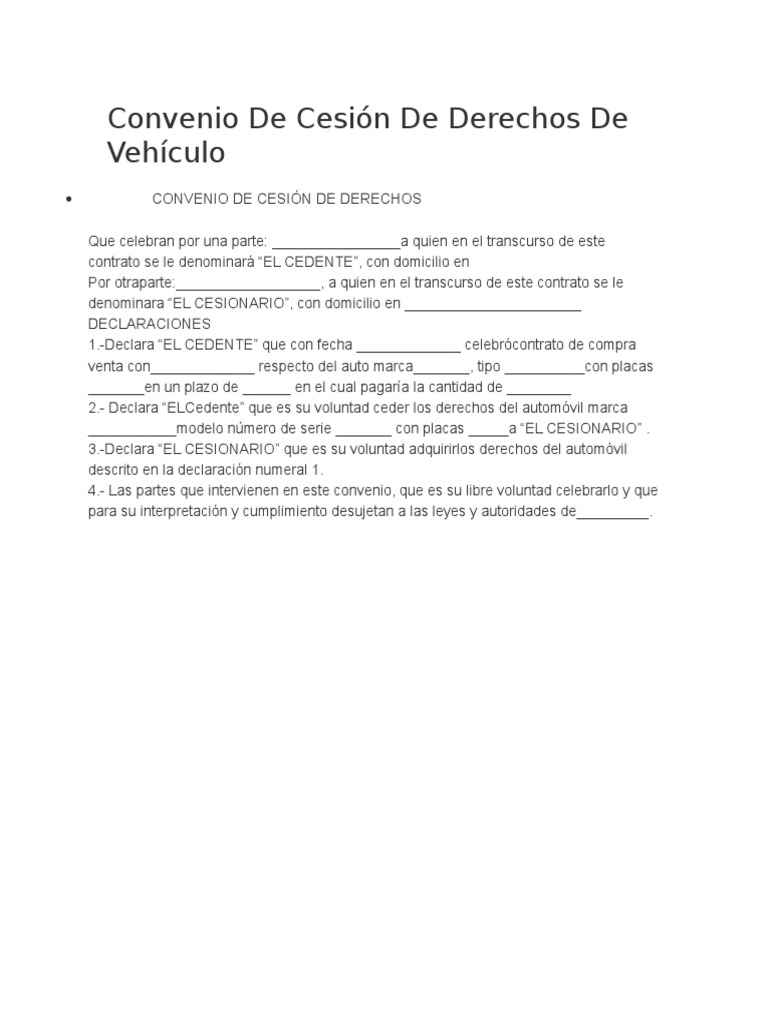 Convenio de Cesión de Derechos de Vehículo | PDF