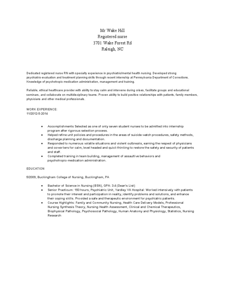 Psychiatric RN Resume Highlights | PDF