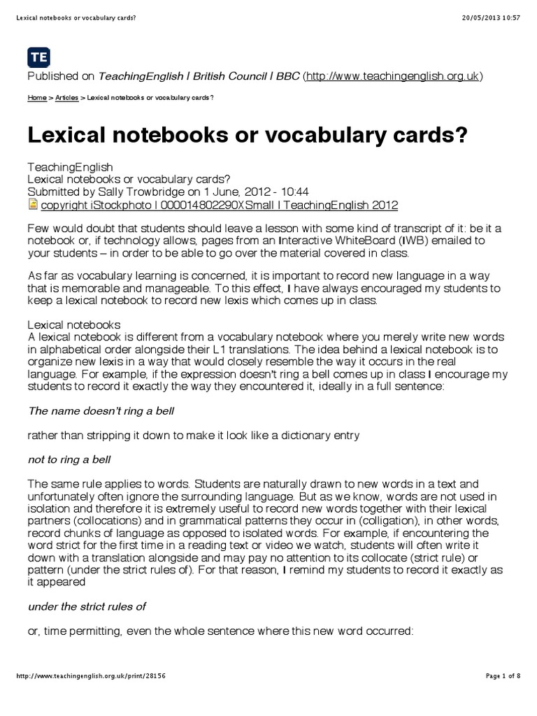 Lexical Notebooks or Vocabulary Cards | PDF | Vocabulary | Lexicon