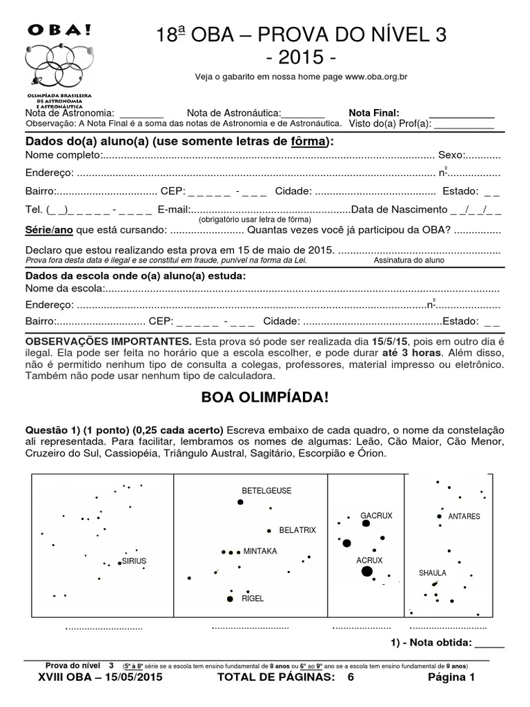 Prova Nivel 3 XVIII OBA 2015 | PDF | Satélite | Terra