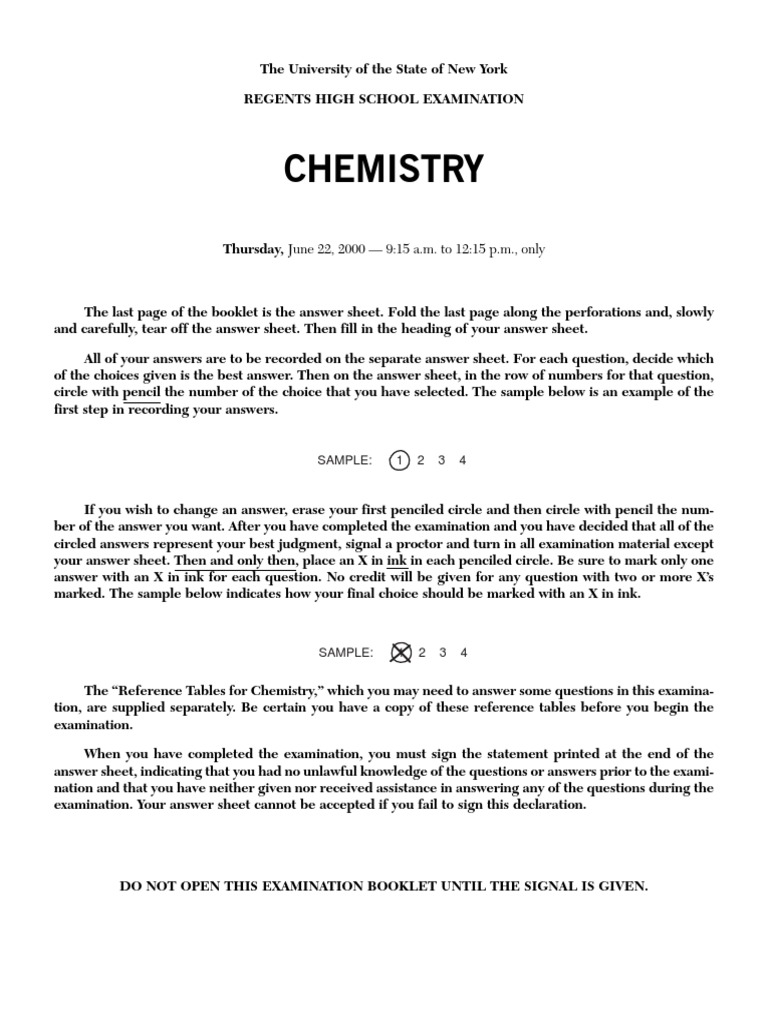 Regents High School Examination in Chemistry: Document Outlining Exam ...