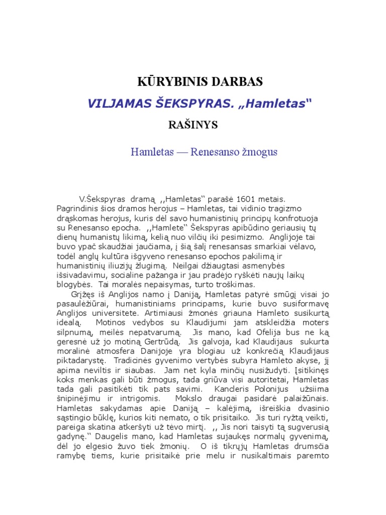 Hamletas Trumpas Rasinys | PDF