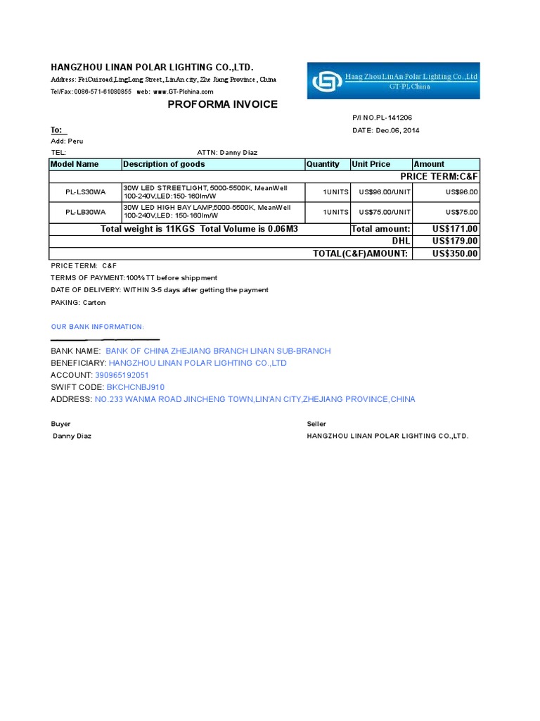 Proforma Invoice for LED Lighting Products | PDF | Business