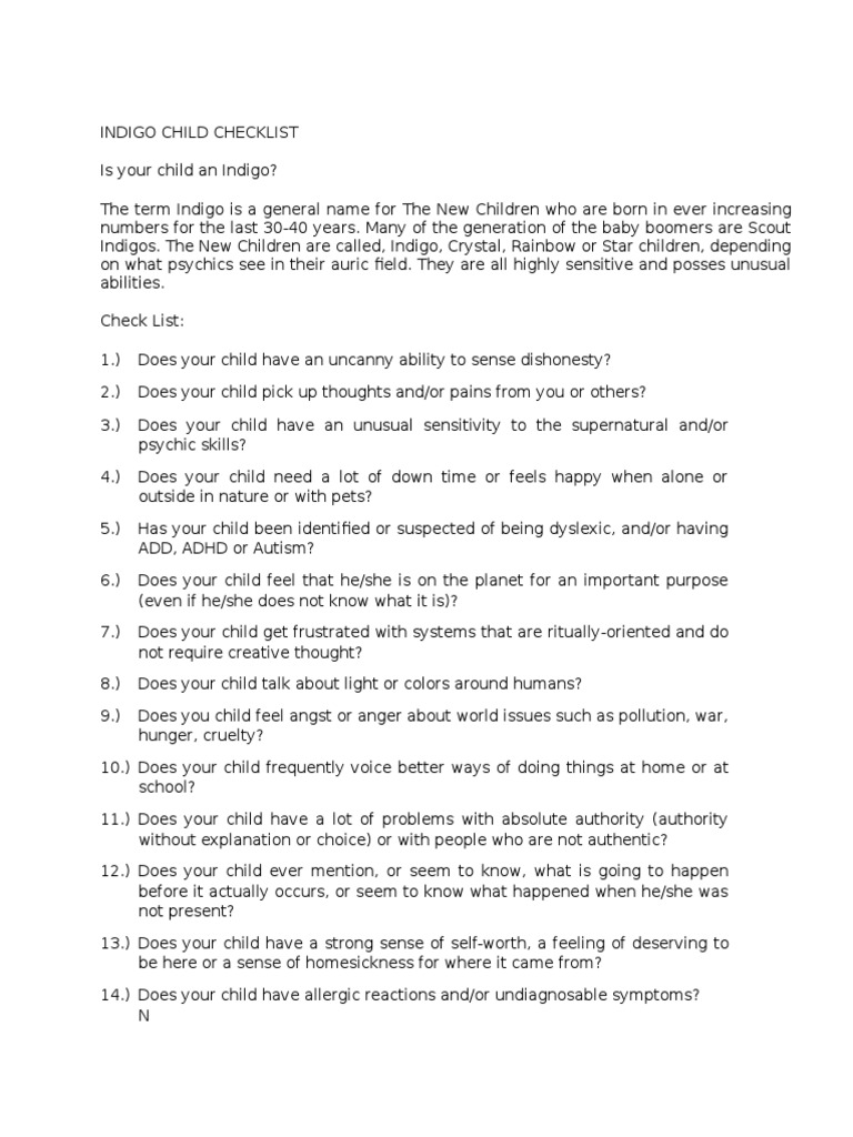Indigo Child Checklist | PDF | Perception | Intelligence