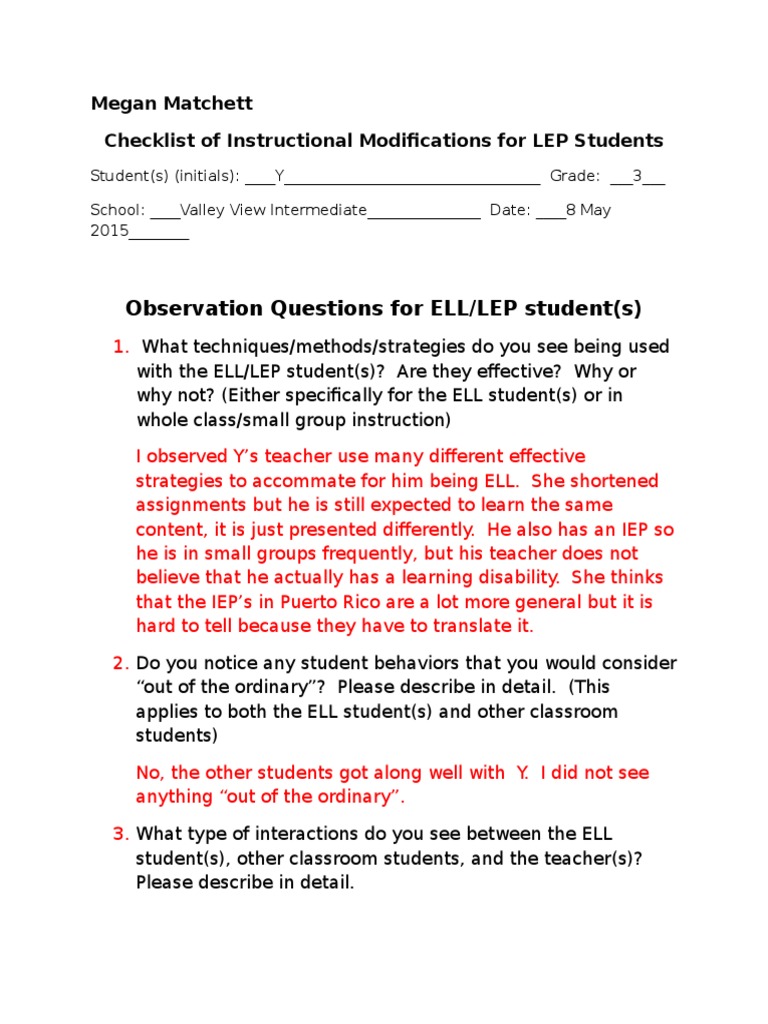 Ell Classroom Observation | PDF | Individualized Education Program ...