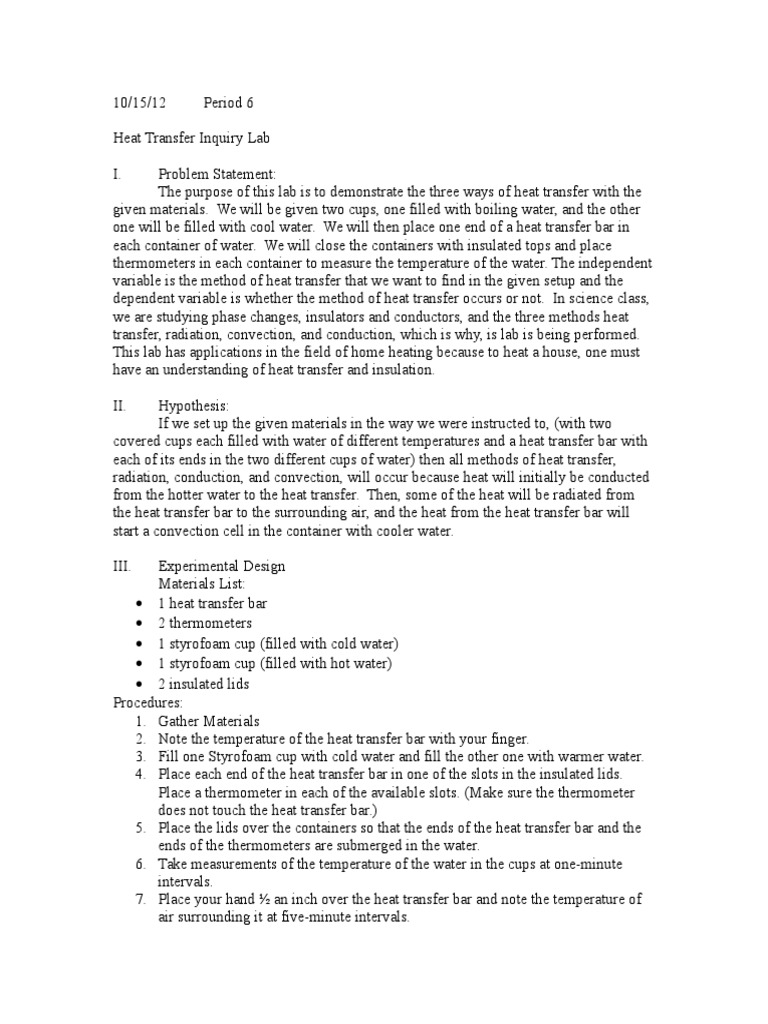 Heat Transfer Inquiry Lab | PDF | Heat Transfer | Thermal Conduction