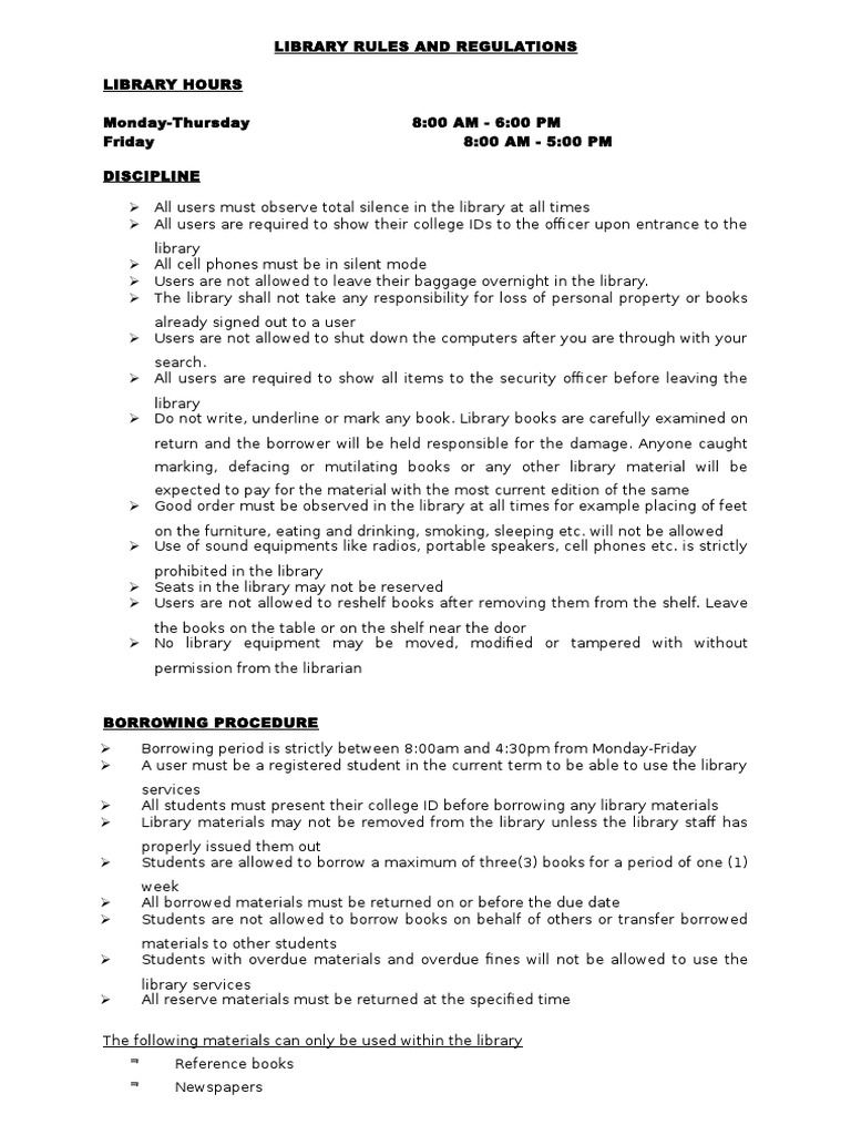 Library Rules and Regulations | PDF | Librarian | Libraries