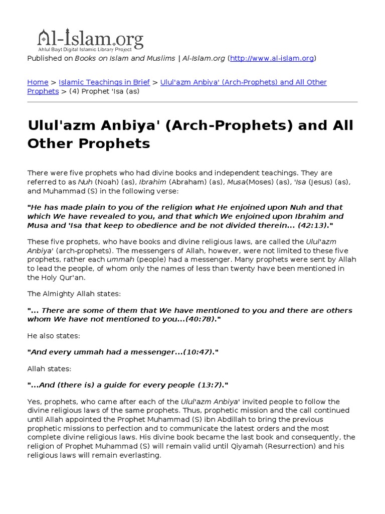 Ulul' Azm Anbiya' (Arch-Prophets) and All Other Prophets | PDF | Moses ...