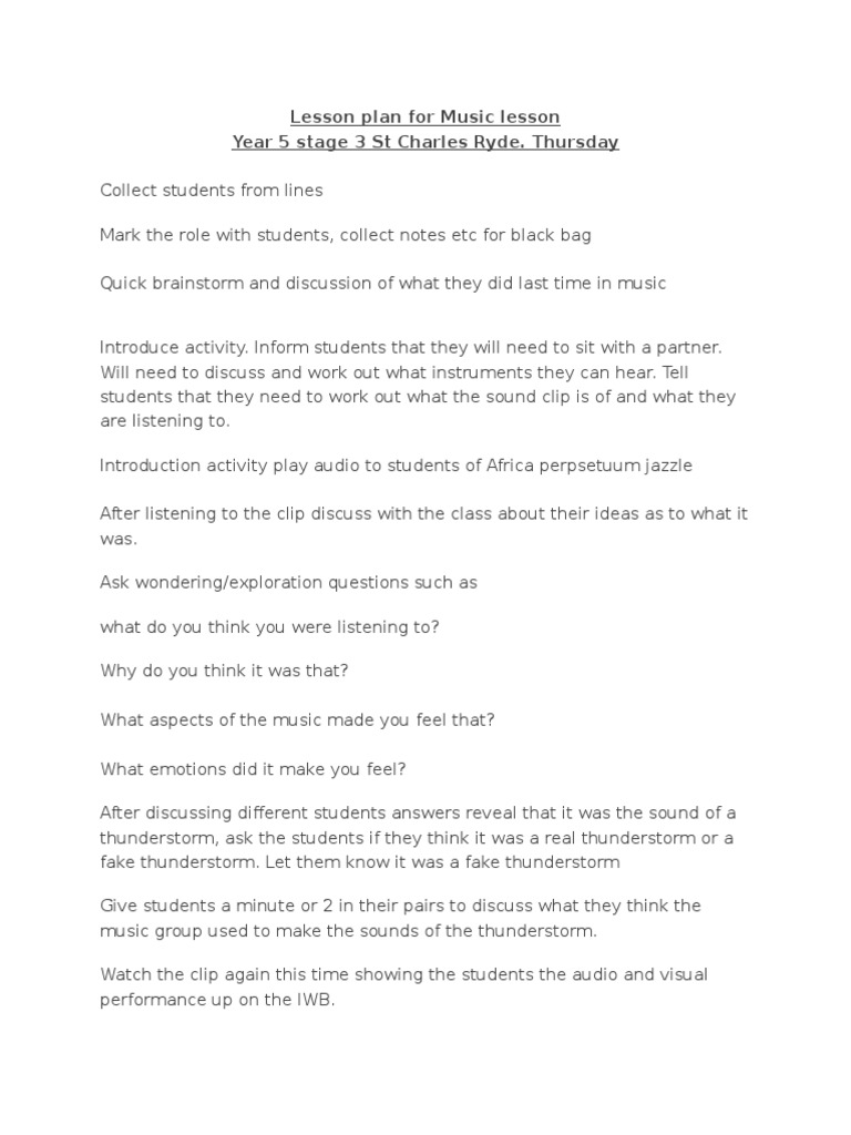 Lesson Plan For Music Lesson Year 5 Stage 3 ST Charles Ryde. Thursday | PDF