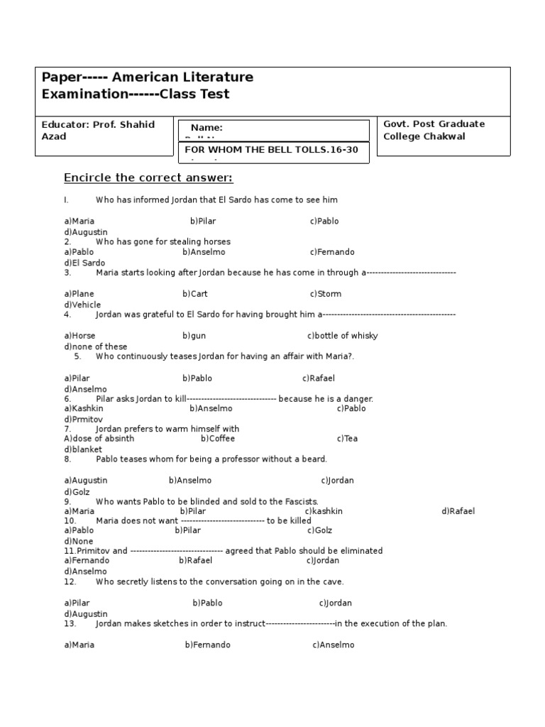Paper - American Literature Examination - Class Test: Encircle The ...