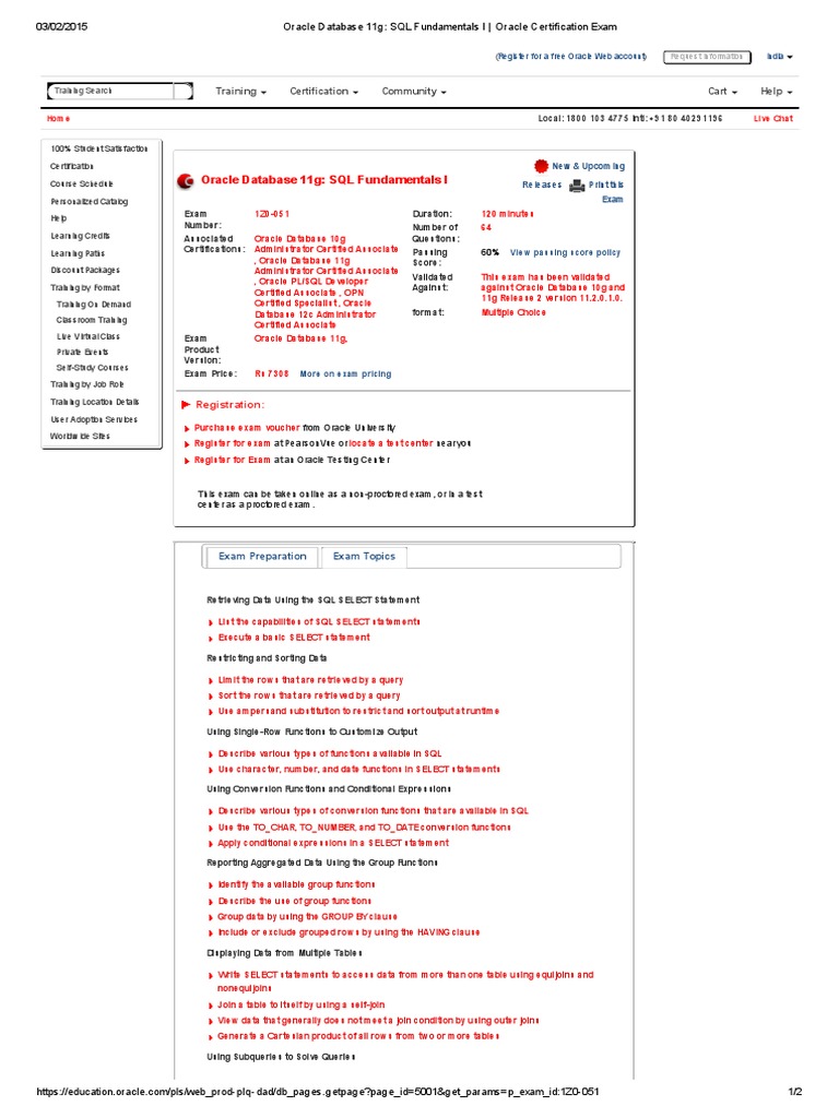 Oracle Database 11g - SQL Fundamentals I - Oracle Certification Exam | PDF | Sql | Oracle Database