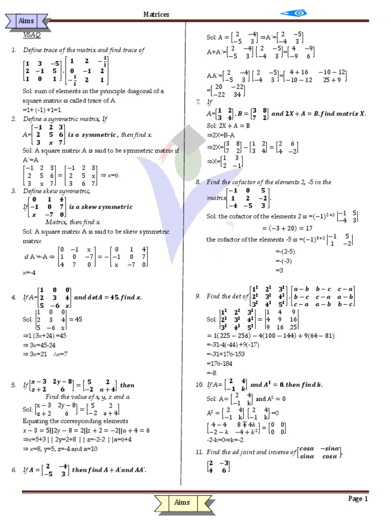 Inter Maths 1A | Matrix (Mathematics) | Operator Theory