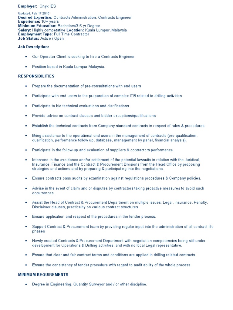 Contract Engineer | PDF | Procurement | Engineering
