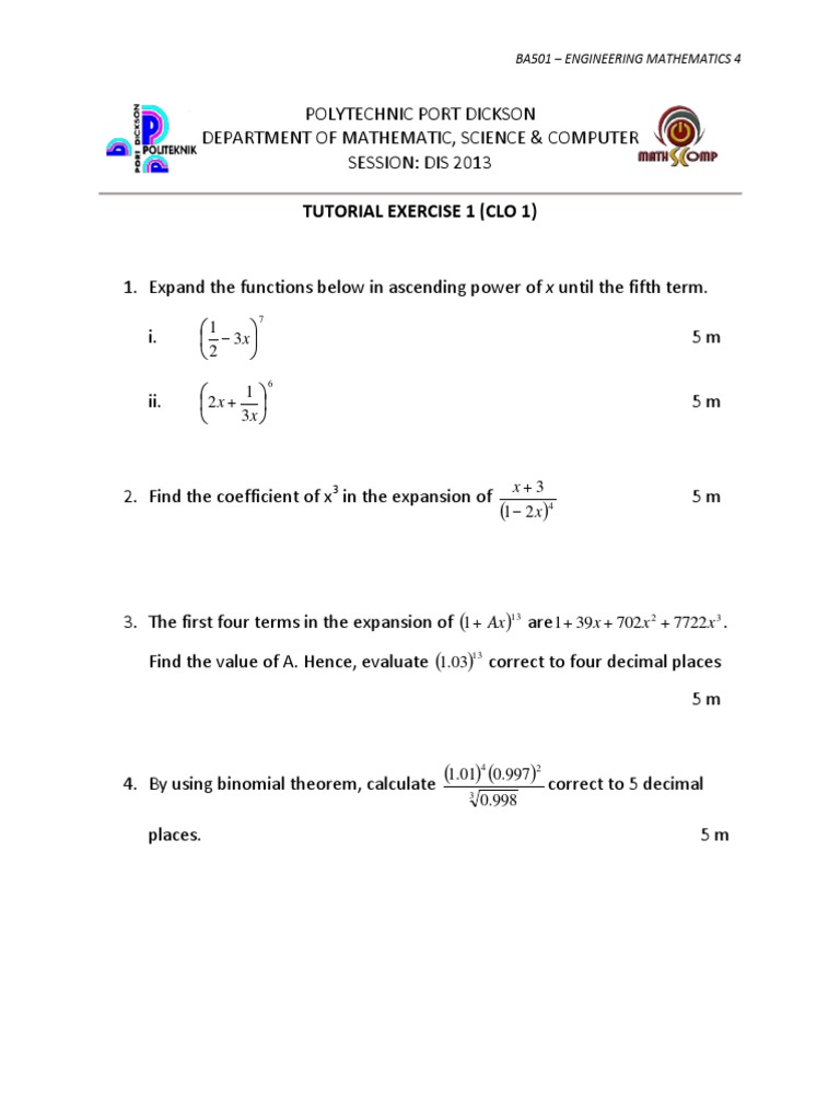 Tutorial Exercise 1 (Clo 1) : Ba501 - Engineering Mathematics 4 | PDF