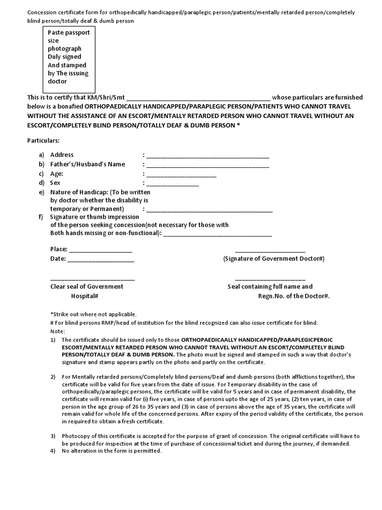 Concession Certificate Form For Orthopaedically Handicapped PDF | PDF ...
