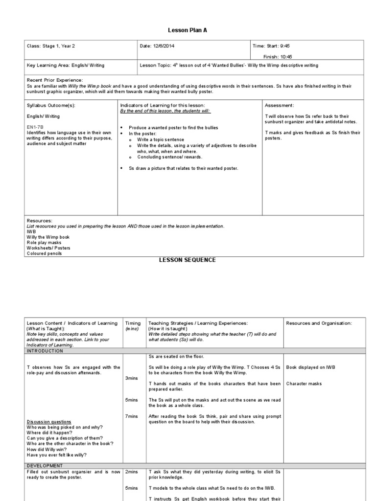 Willy The Wimp Lesson | PDF | Lesson Plan | Educational Psychology