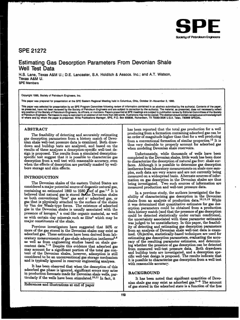 SPE Estimating Gas Desorption Parameters From Devonian Shale Well Test ...