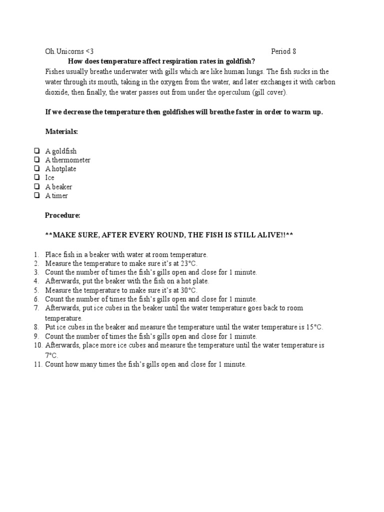 Goldfish Respiration and Temperature Effects | PDF