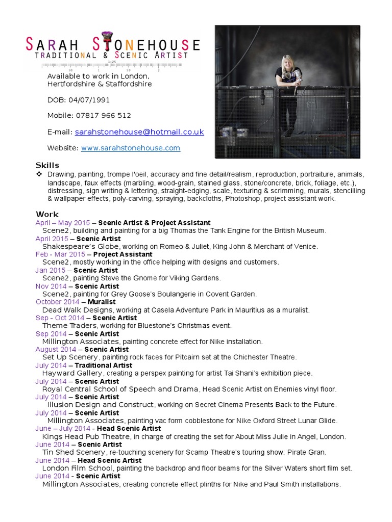 Sarah Stonehouse: Scenic Artist Profile | PDF | Art Media | Paintings