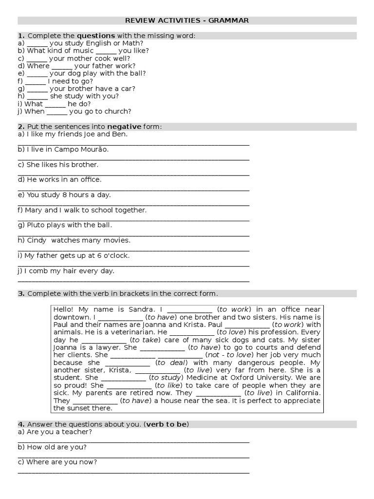 Review Activities - Grammar 1. Complete The Questions With The Missing ...
