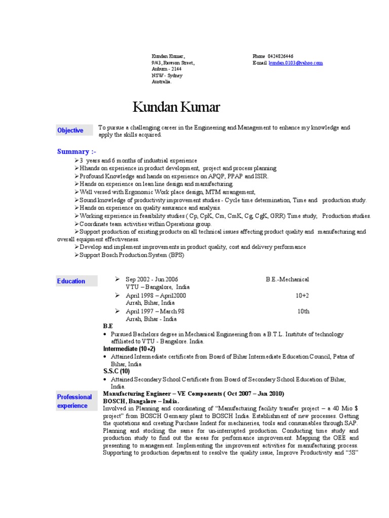 Kundan Kumar Mechanical Engineer Manufacturing | PDF | Production And ...