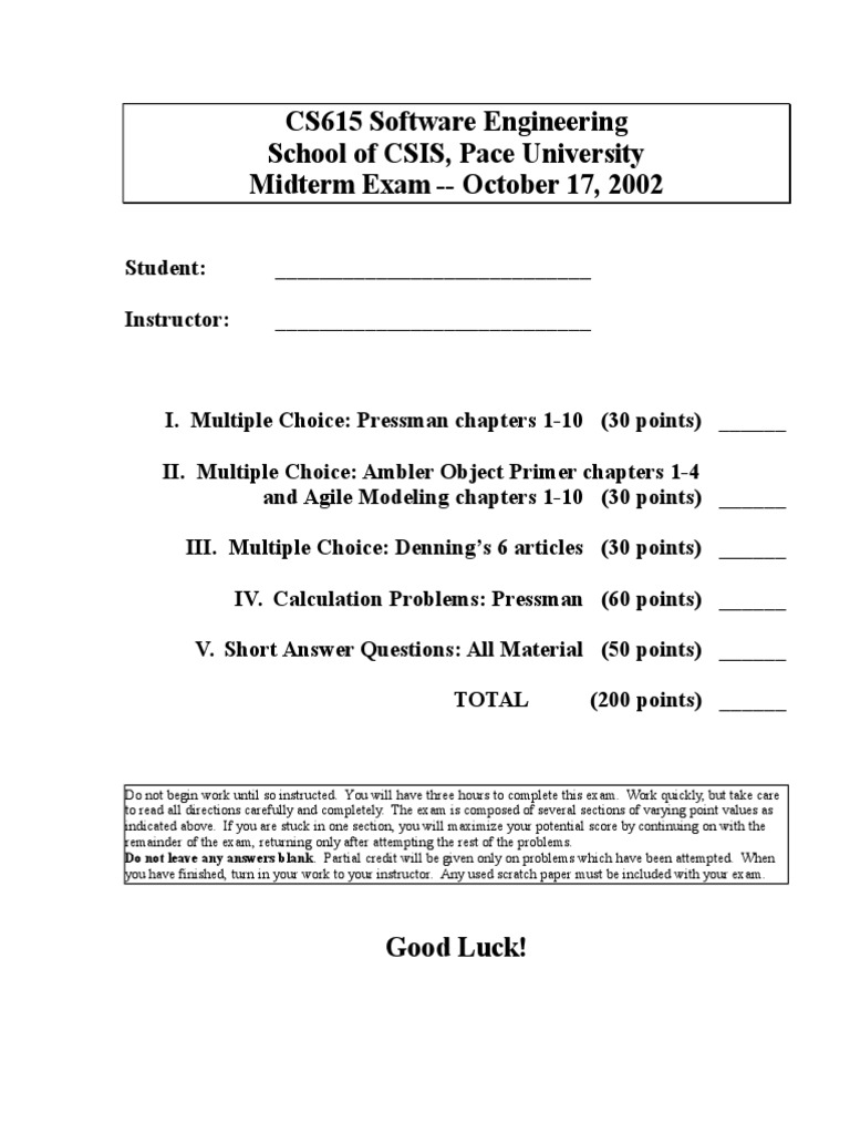 CS615 Software Engineering School of CSIS, Pace University Midterm Exam - October 17, 2002 | PDF