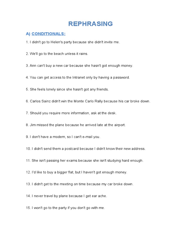 Rephrasing: A) Conditionals | PDF